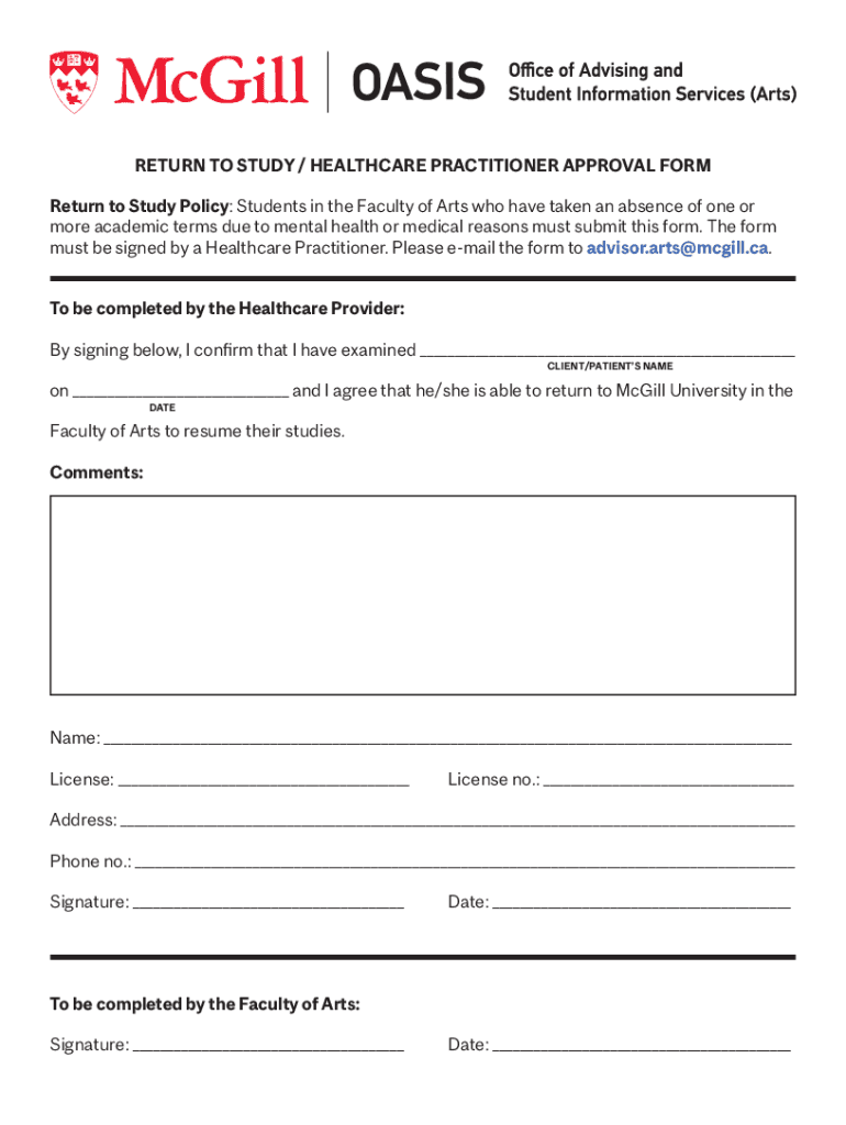 Fillable Online return to study / healthcare practitioner approval form ...