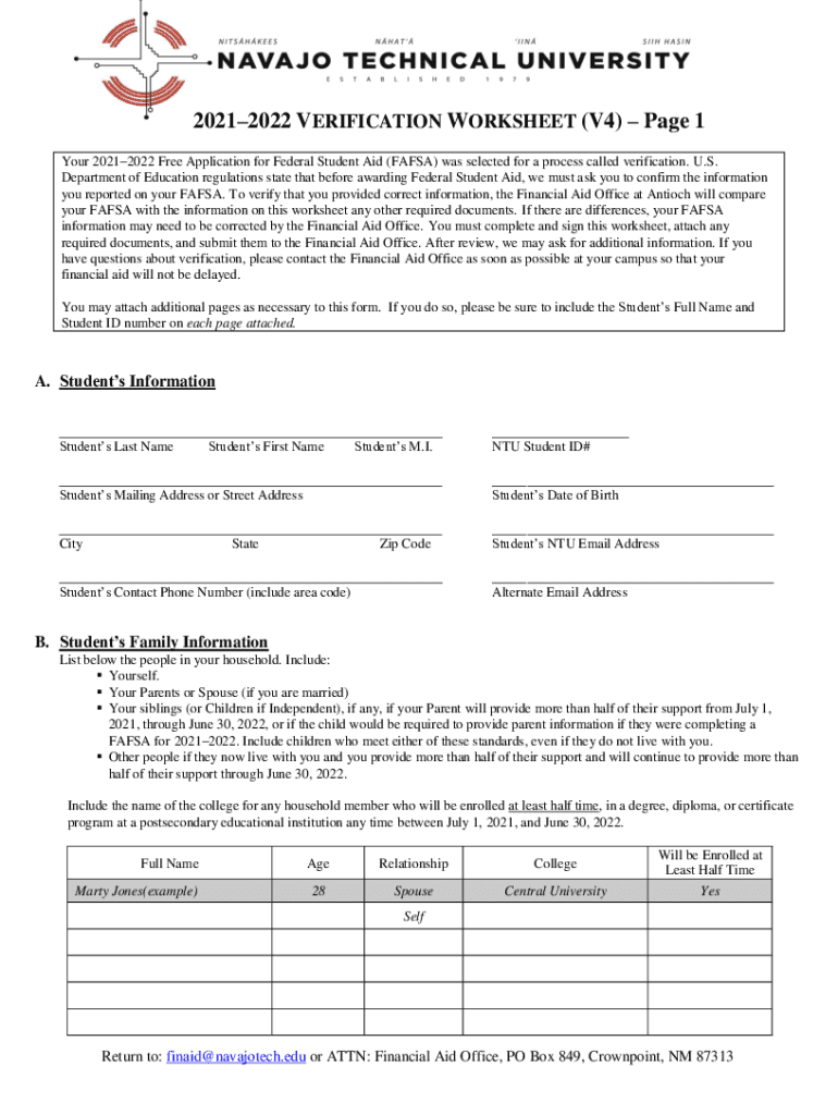 Fillable Online V1 2021 - 2022 Verification Worksheet Dependent Student Fax Email Print - pdfFiller