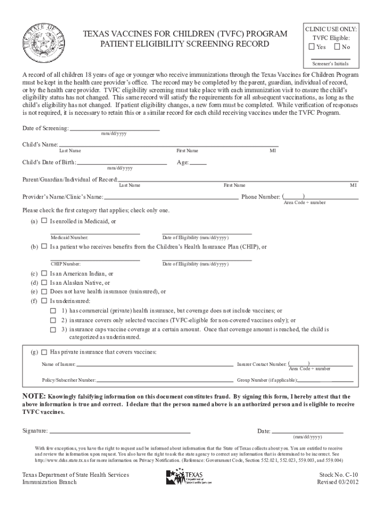 Fillable Online TEXAS VACCINES FOR CHILDREN (TVFC) PROGRAM CLINIC USE ...