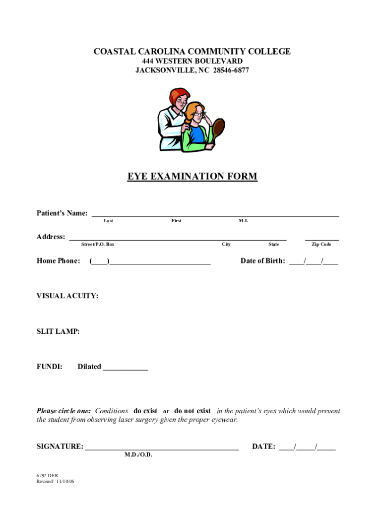 Fillable Online Eye Exam Form - Coastal Carolina Community College Fax ...