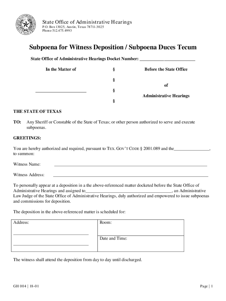 Fillable Online Subpoena for Witness Deposition / Subpoena Duces Tecum ...