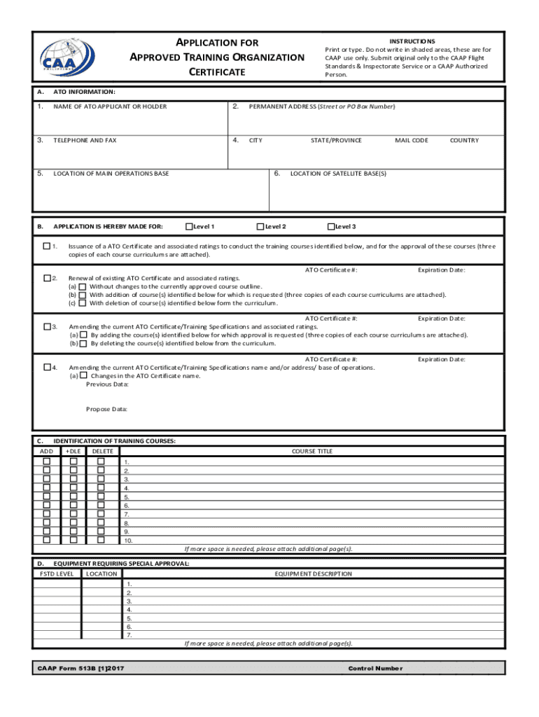 Fillable Online caap gov A FOR APPROVED TRAINING ORGANIZATION ...