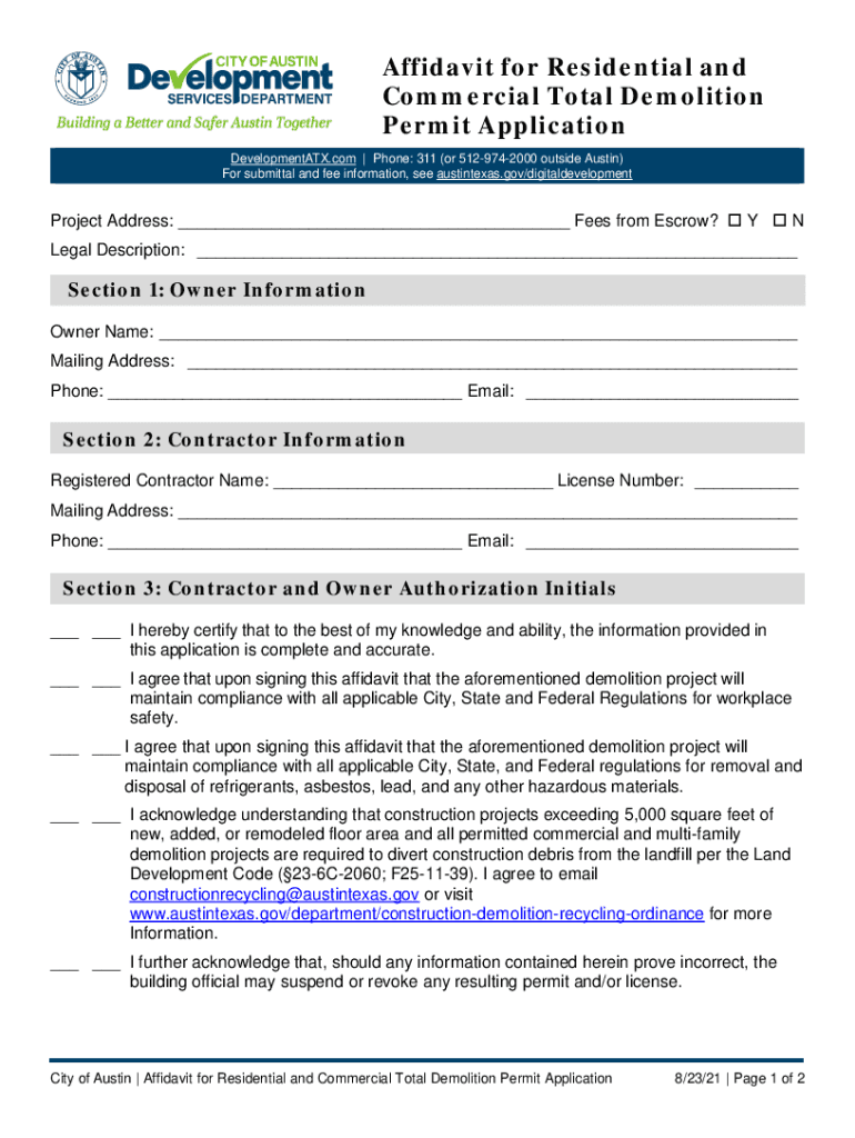 Fillable Online Affidavit for Residential and Commercial Total ...