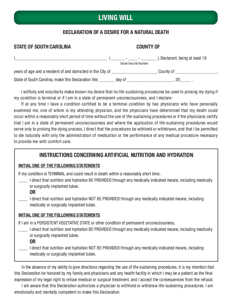Fillable Online Declaration Of A Desire For A Natural Death (Living ...