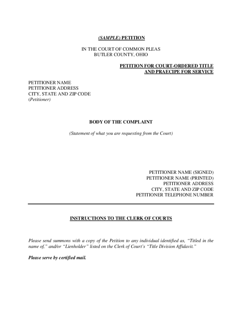 Fillable Online (SAMPLE) PETITION - Common Pleas Court of Butler County ...