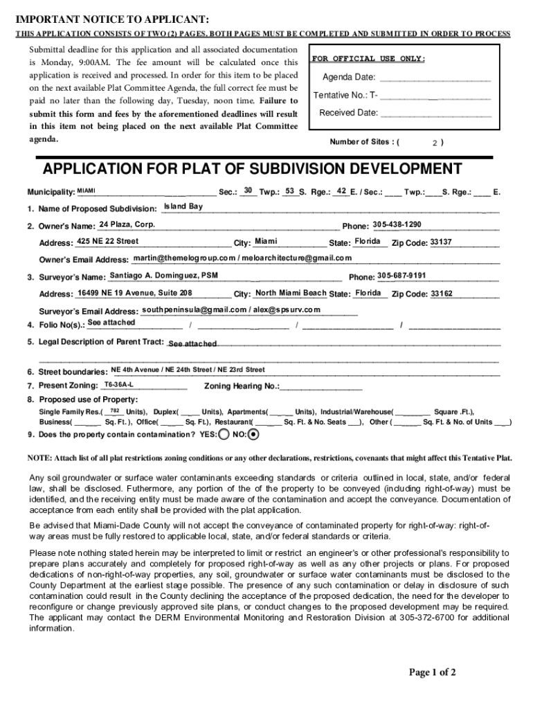 Fillable Online Fillable Online APPLICATION FOR WAIVER OF PLAT - Miami ...