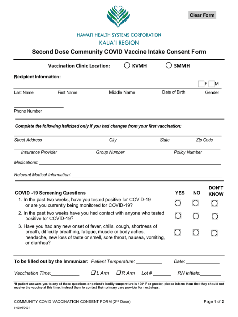 Fillable Online Second Dose Community COVID Vaccine Intake Consent Form ...