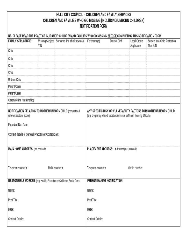 NOTIFICATION WHEN CHILDREN AND FAMILIES GO MISSING Doc Template | pdfFiller