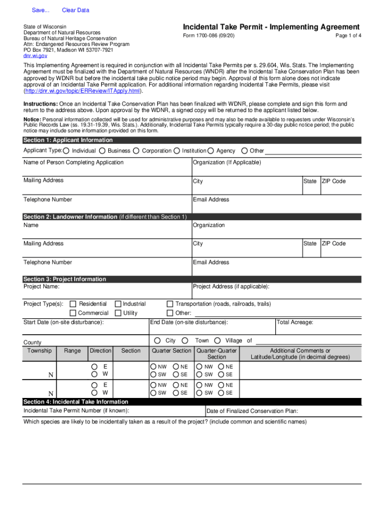 Fillable Online dnr wi Form 1700-086. Incidental Take Permit ...