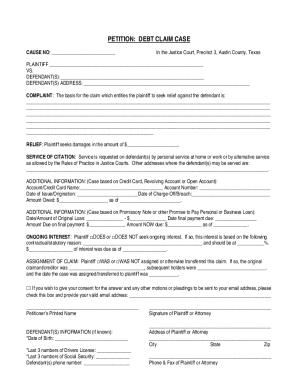 Fillable Online PETITION: DEBT CLAIM CASE - co.anderson.tx.us Fax Email Print - pdfFiller