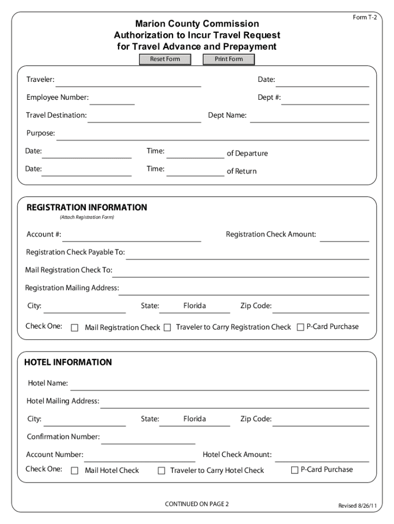 Fillable Online Marion County Commission Authorization to Incur Travel ...
