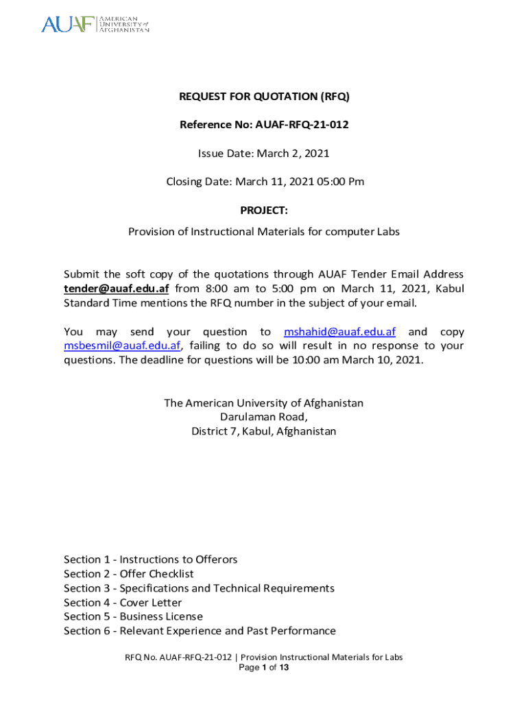 Fillable Online REQUEST FOR QUOTATION (RFQ) Reference No: AUAF-RFQ-21 ...