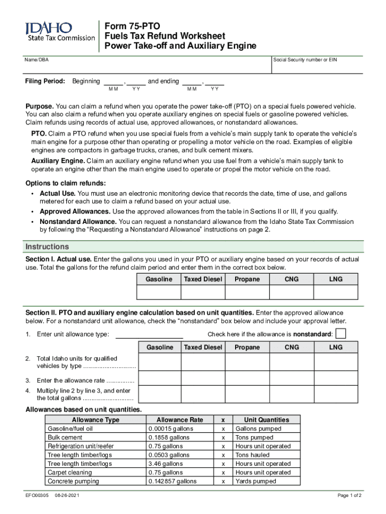 Fillable Online tax idaho Form 75-PTO, Fuels Tax Refund Worksheet Power ...