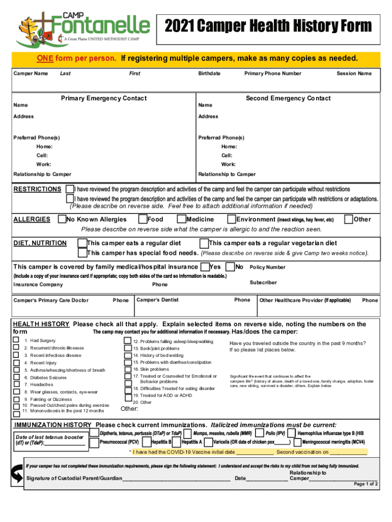 Fillable Online PDF CAMPER HEALTH HISTORY FORM 1 - Fundamentals Sports ...