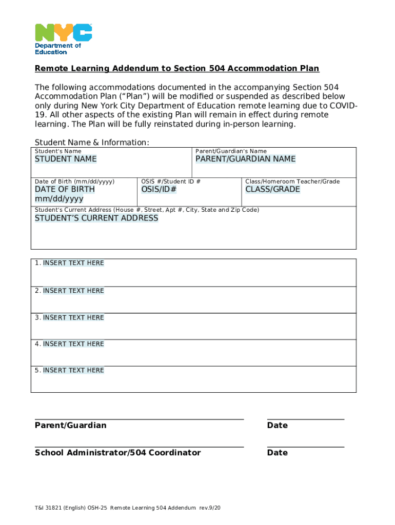 Remote Learning Addendum to Section 504 Accommodation Plan Doc Template ...