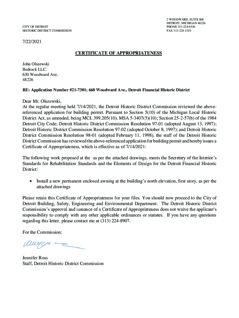 Fillable Online 7/22/2021 CERTIFICATE OF APPROPRIATENESS Dear Mr ... Fax Email Print - pdfFiller