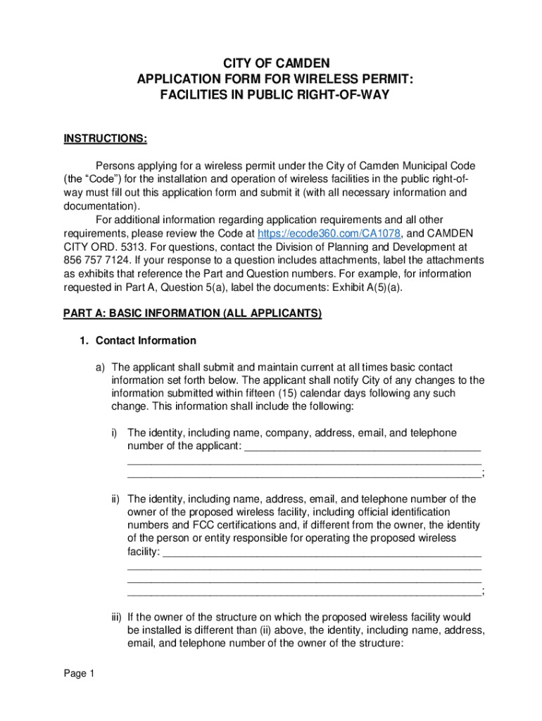Fillable Online APPLICATION FORM FOR A WIRELESS UTILITY PERMIT TO PLACE ...