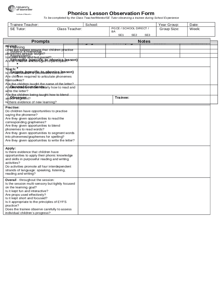 phonics-observation- - University of Worcester Doc Template | pdfFiller