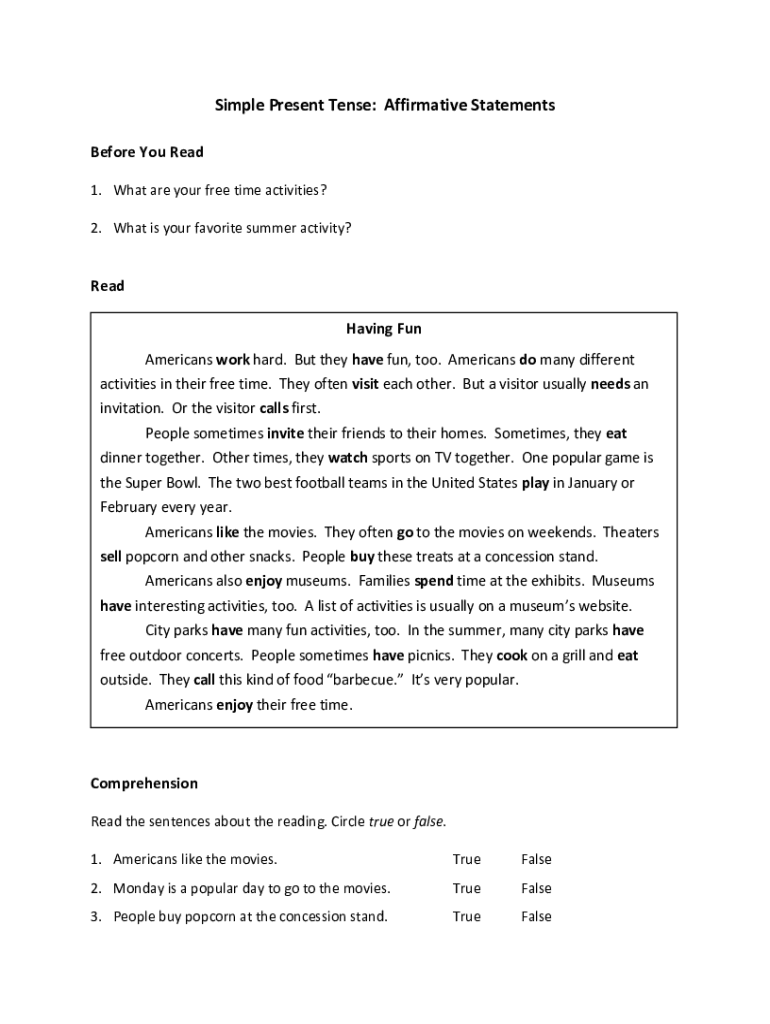 Fillable Online Simple Present Tense: Affirmative Statements Fax Email ...
