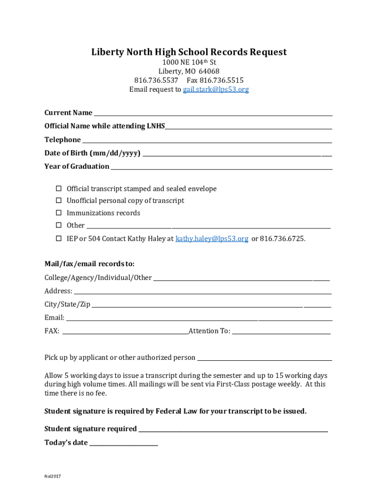 Fillable Online Liberty North High School Records Request Fax Email ...