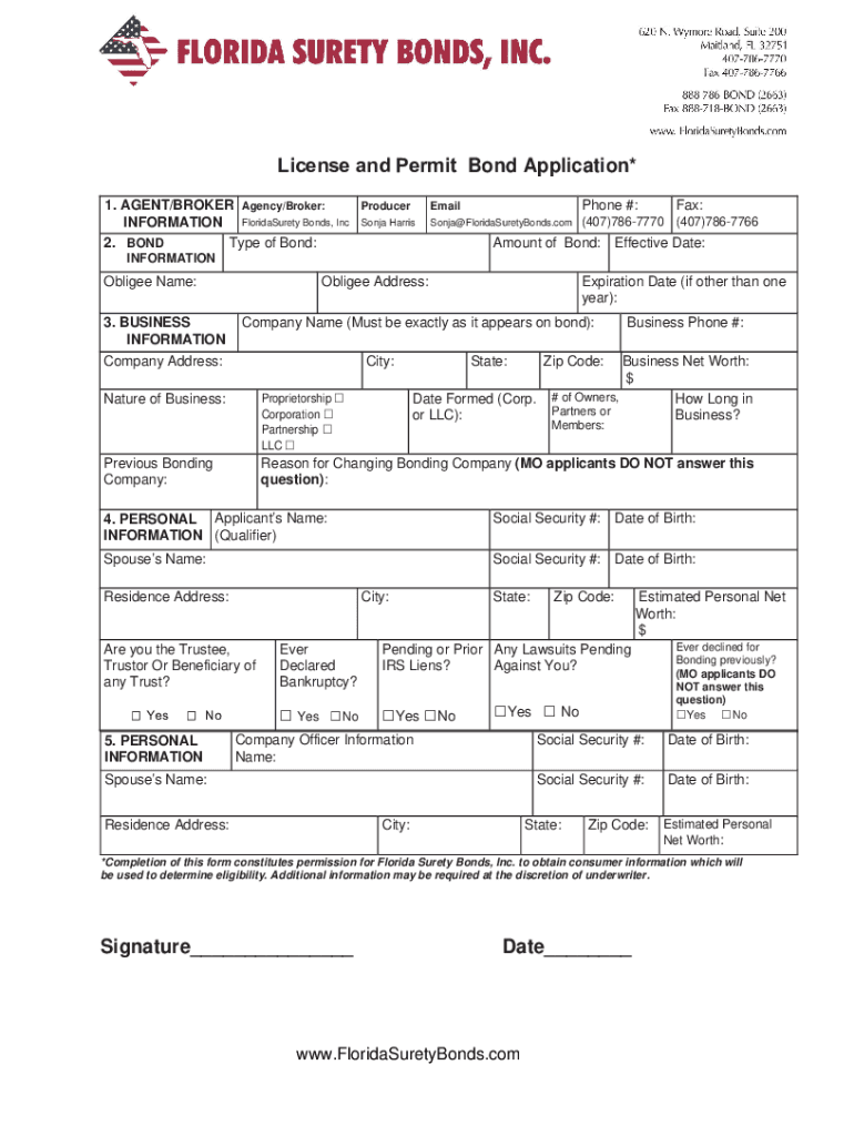 Fillable Online License and Permit Bond Application* - Florida Surety ...