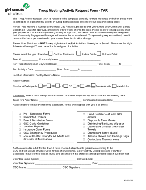 Fillable Online Troop Meeting/Activity Request Form - TAR - Girl Scouts ...