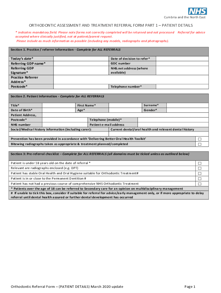 Fillable Online NHS Orthodontic referral form - Cleveland Orthodontics ...