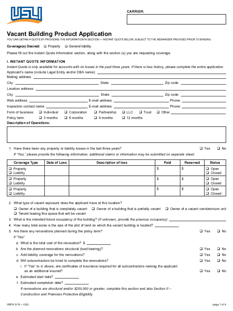 Fillable Online Vacant Building Product Claim Examples - PDF Free ...