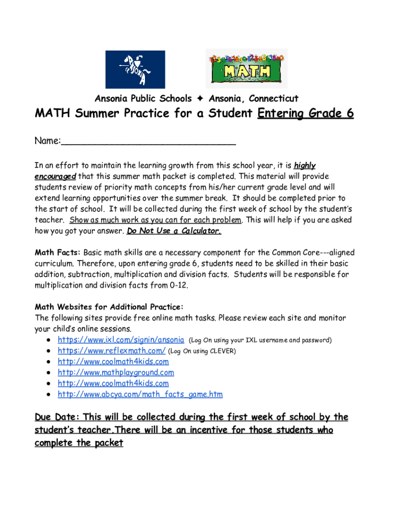 Fillable Online PDF Students Entering Grade 6 Summer Math ... - Ansonia ...