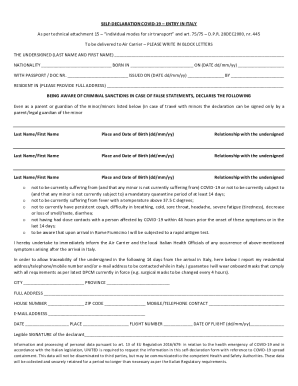 Fillable Online SELF-DECLARATION FORM FOR TRAVEL TO ITALY FROM ... Fax ...
