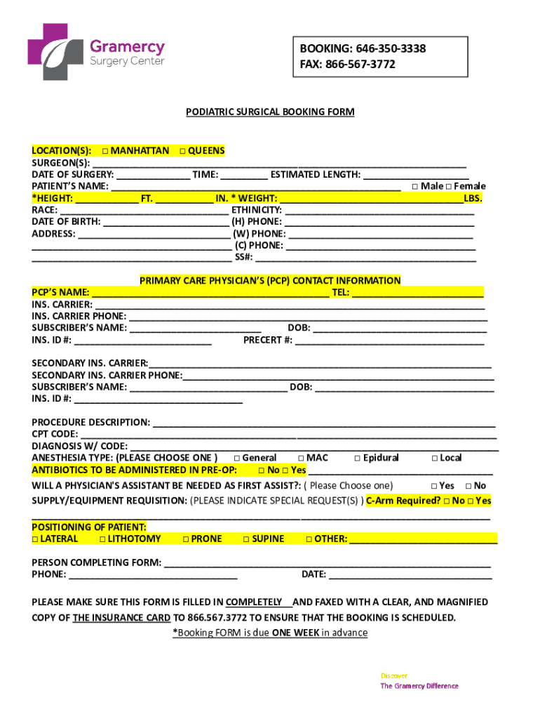 Fillable Online General Booking Formpodiatric (Edit) Fax Email Print ...