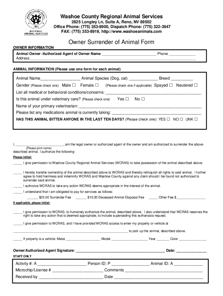 Fillable Online Owner Surrender of Animal Form - Washoe County, NV Fax ...
