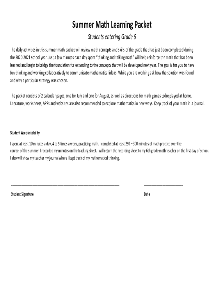 Fillable Online Summer Math Learning Packet for Students Entering Grade ...