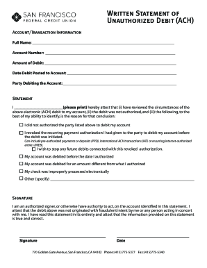 Fillable Online Written Statement of Unauthorized Debit (ACH). Written ...
