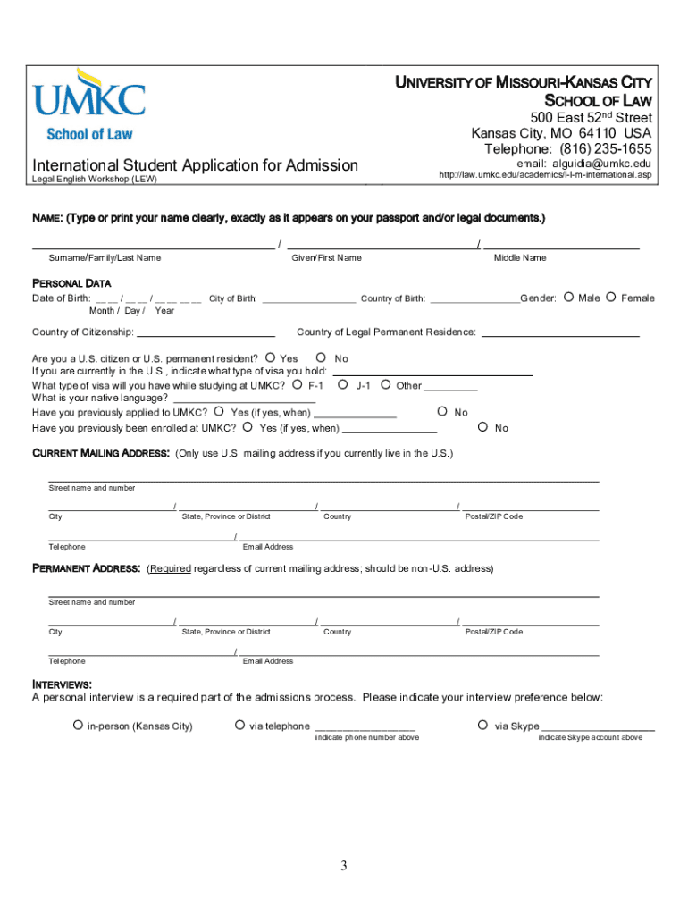 Fillable Online law umkc International Student Application for Admission email ... Fax Email ...