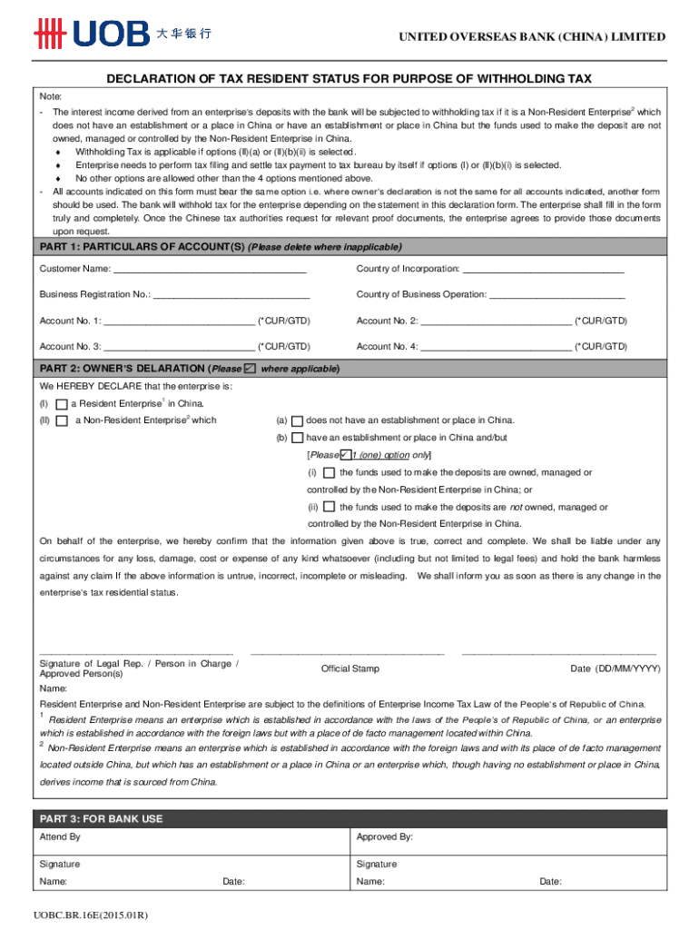 Fillable Online UNITED OVERSEAS BANK (CHINA) LIMITED DECLARATION OF TAX ...