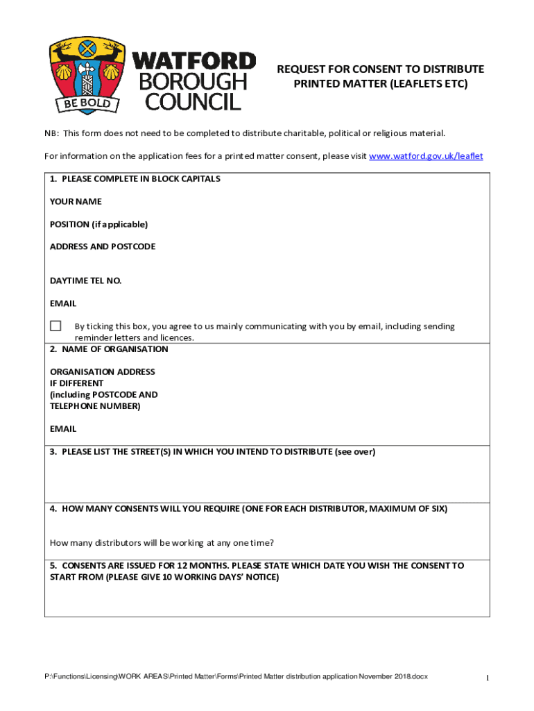 Fillable Online REQUEST FOR CONSENT TO DISTRIBUTE PRINTED MATTER ...