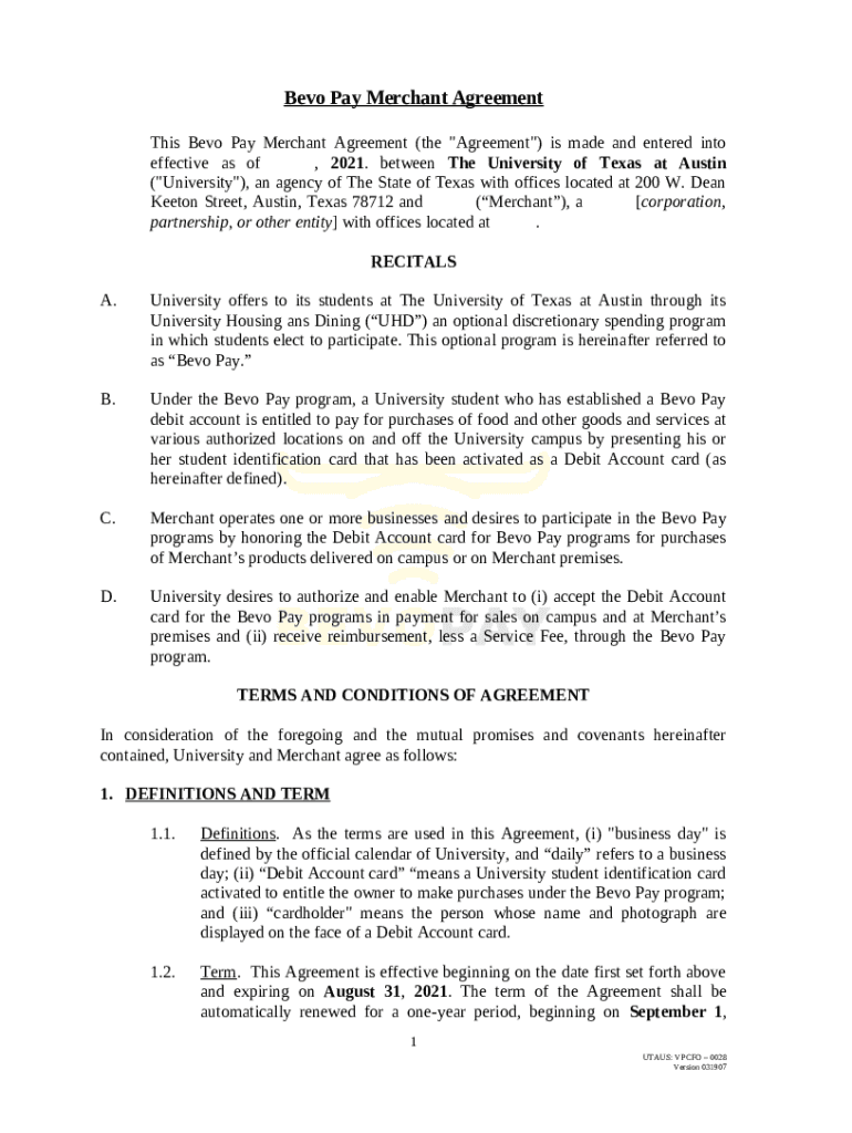 Bevo Pay Merchant Agreement Doc Template | pdfFiller