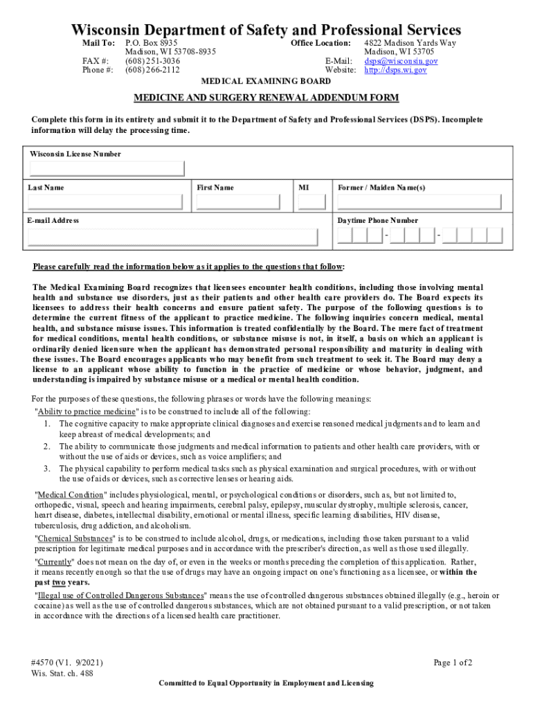 Fillable Online dsps wi #4570, Medicine and Surgery Renewal Addendum ...