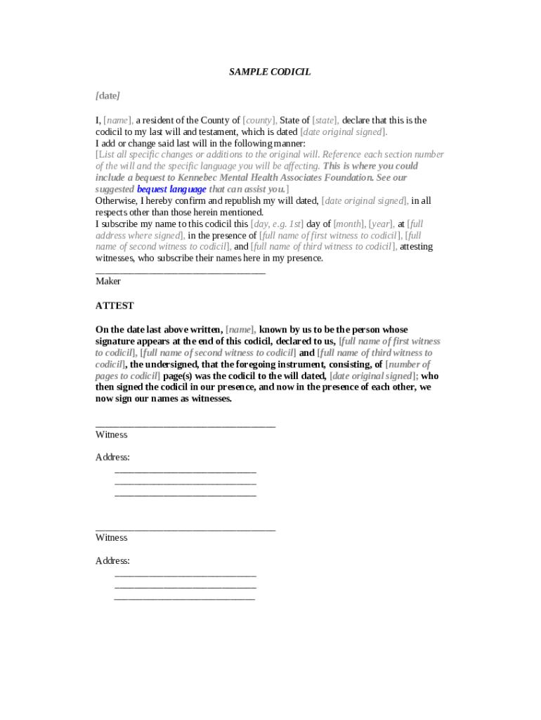SAMPLE CODICIL (REVISION OF WILL) Doc Template | pdfFiller