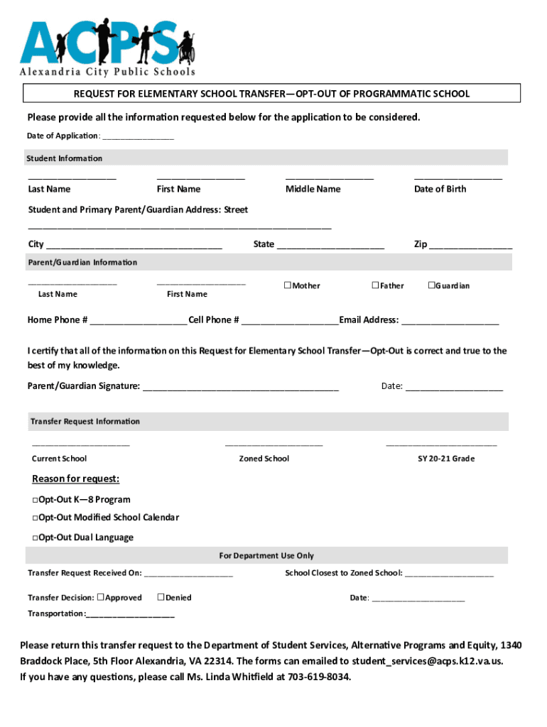 Fillable Online Transfer Request Form ECS-Grade 9 Schools & Early ...