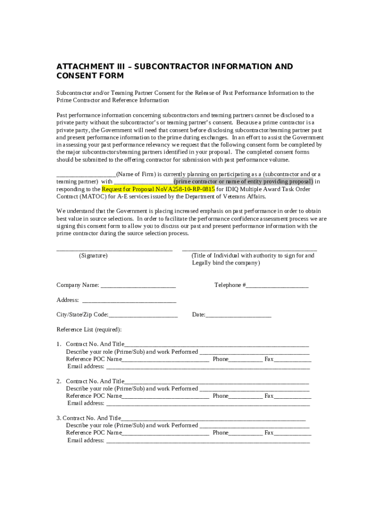ATTACHMENT III - SUBCONTRACTOR INATION AND CONSENT Doc Template | pdfFiller