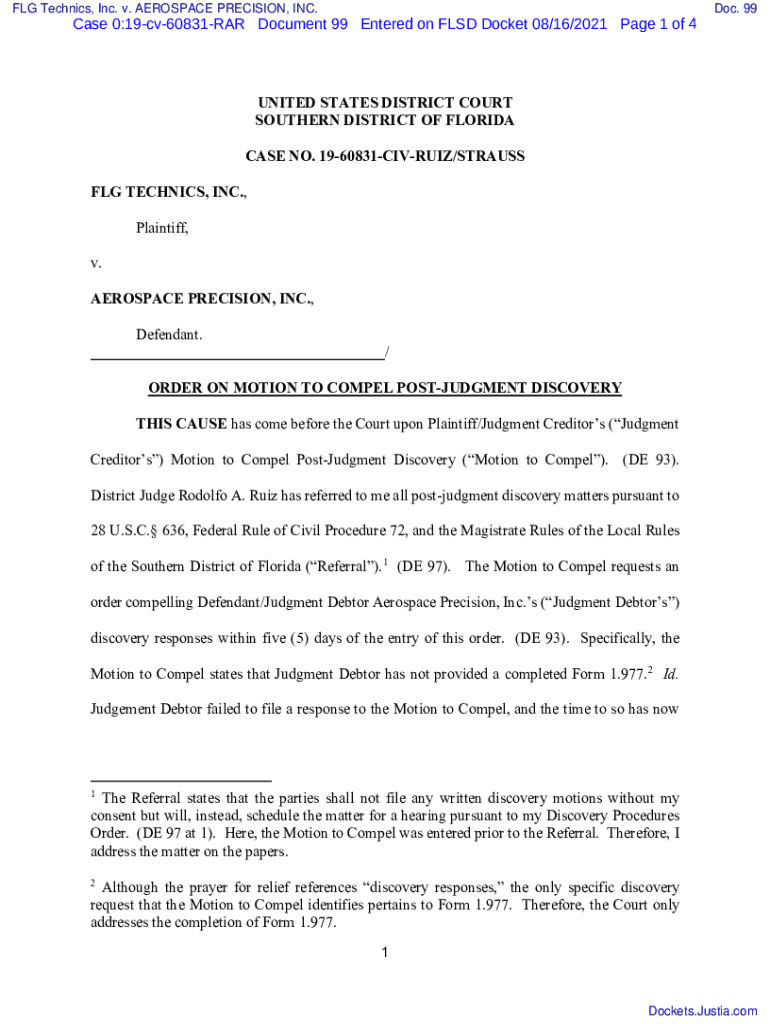 Fillable Online ORDER ORDER ON MOTION TO COMPEL POST-JUDGMENT DISCOVERY ...