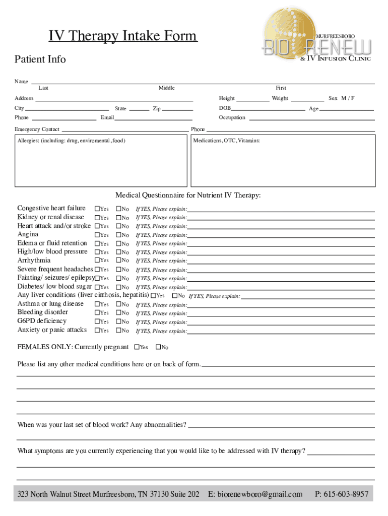 Fillable Online IV Therapy intake form. Images converted to PDF format. Fax Email Print - pdfFiller