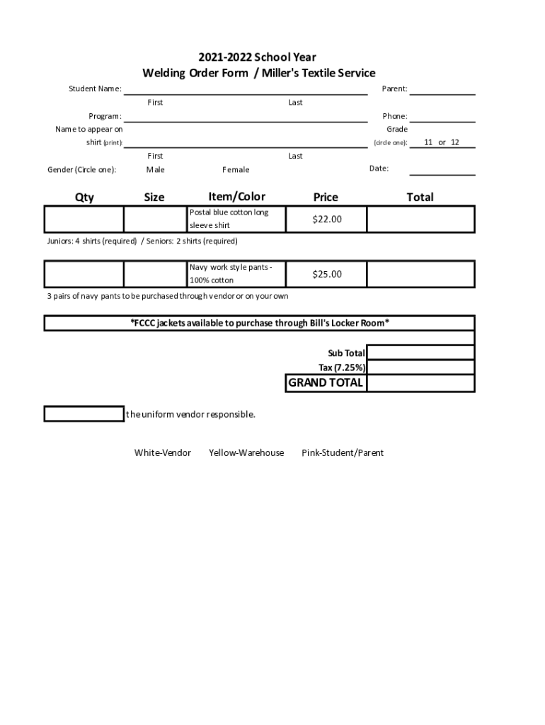 Fillable Online Welding Uniform Order Form 21 22 .xlsx Fax Email Print ...