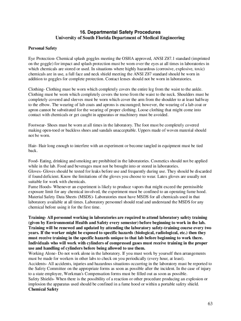 Fillable Online 16. Departmental Safety Procedures University of South ...