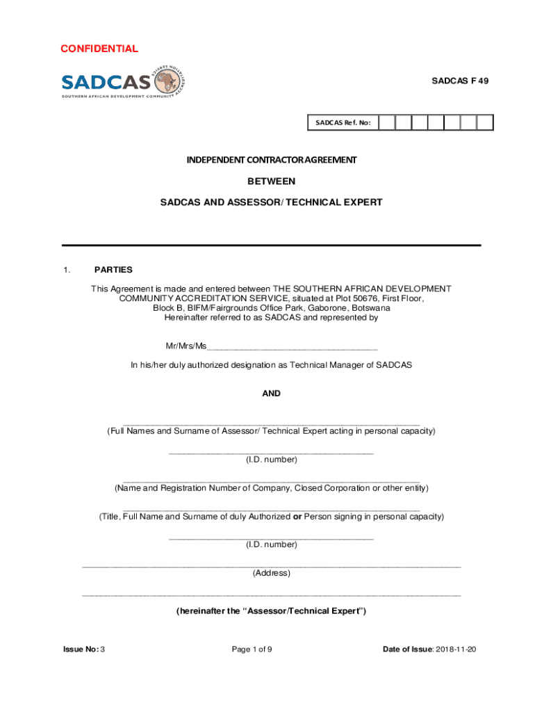 Fillable Online SADCAS F 49 - Independent Contractor Agreement between ...