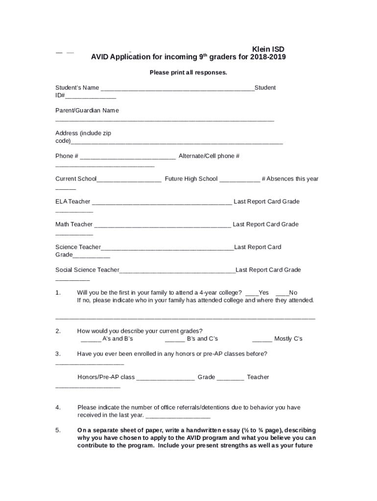 AVID Application for incoming 9th graders for 2018-2019 - kleinoak ...