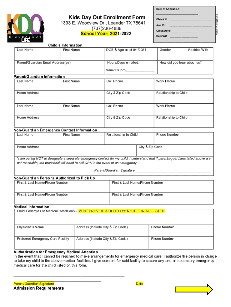 Fillable Online Kids Day Out Enrollment Form Fax Email Print - pdfFiller