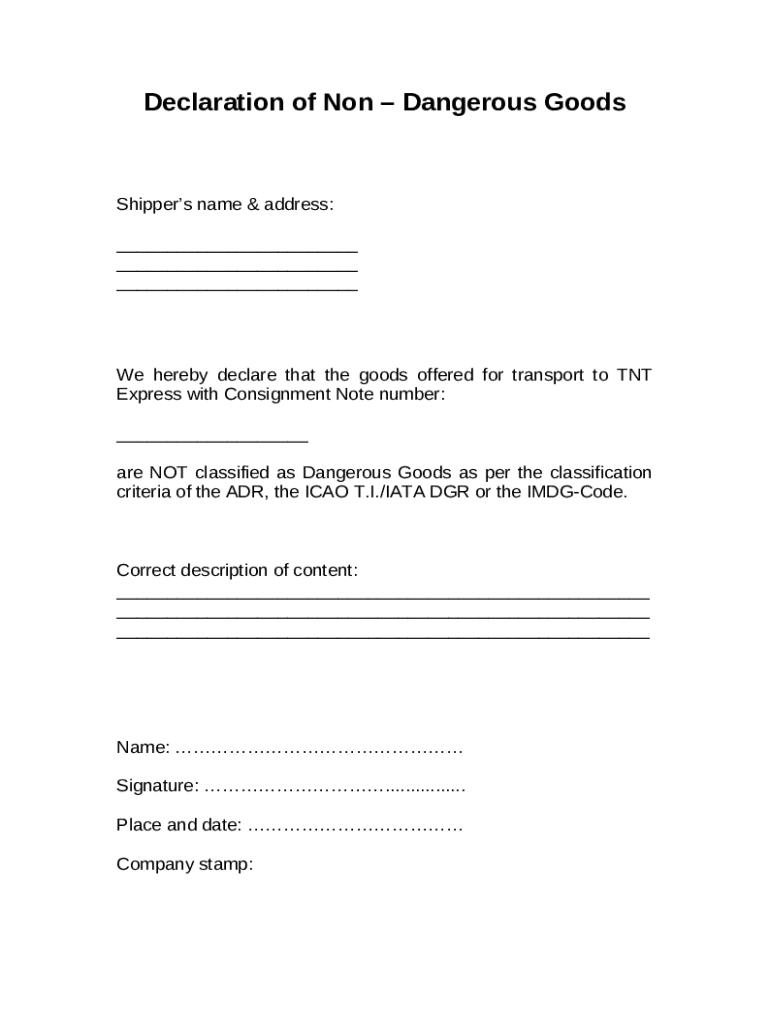 Declaration of Non Dangerous Goods Doc TemplatepdfFiller Doc Template ...
